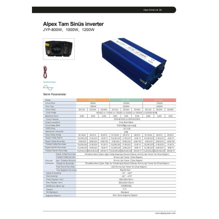 Alpex 1000 WATT 12 Volt tam sinüs UPS inverter Lifepo4